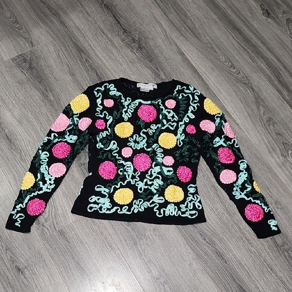 Carlisle | Tops | Carlisle Sport 0 Silk Black Ribbon Floral 1980s Knit ...